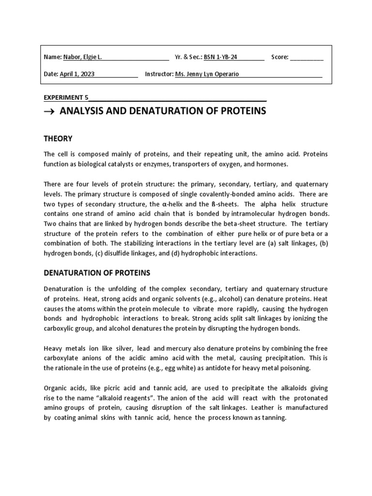 annotated-EXPERIMENT #5 | PDF | Denaturation (Biochemistry) | Amino Acid