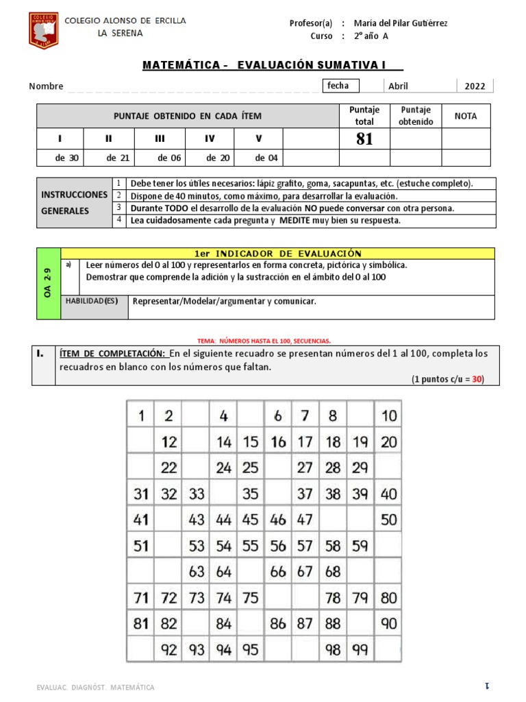 Ev Sumativa I Matemática Pdf 2547