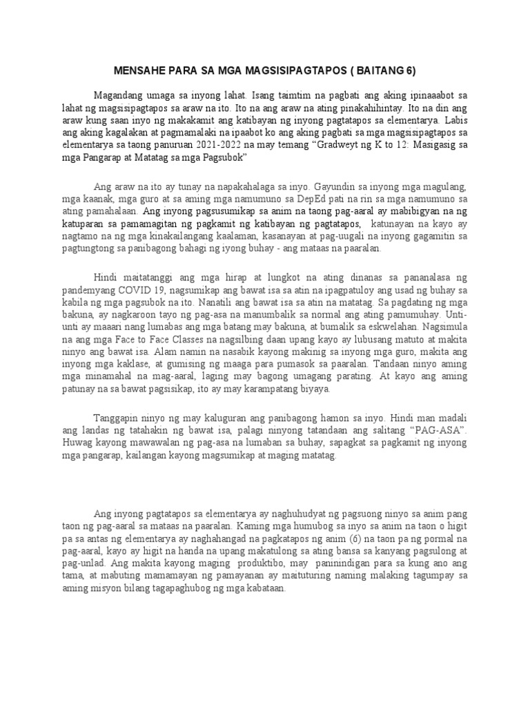 MENSAHE at PAGHAHARAP PARA SA MGA MAGSISIPAGTAPOS GRADE 6 | PDF MENSAHE at PAGHAHARAP PARA SA MGA MAGSISIPAGTAPOS GRADE 6 | PDF