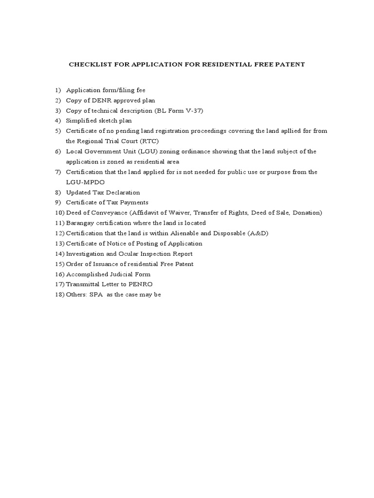 Checklist For Application For Residential Free Patent | PDF | Finance ...