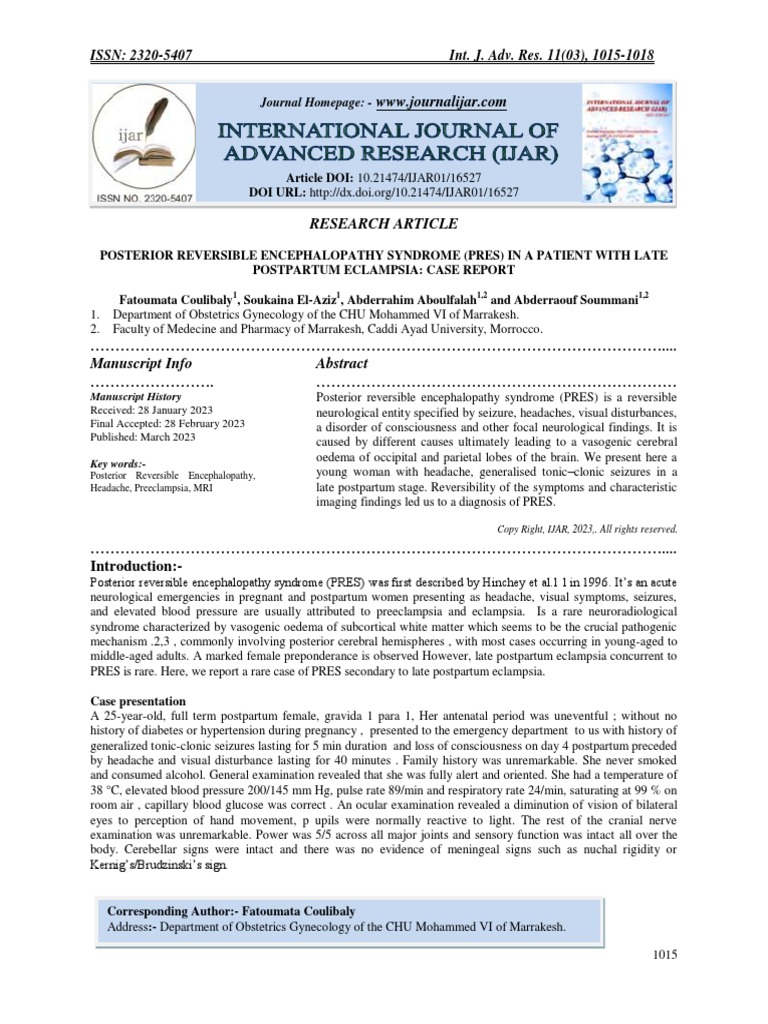 Posterior Reversible Encephalopathy Syndrome (Pres) in A Patient With ...