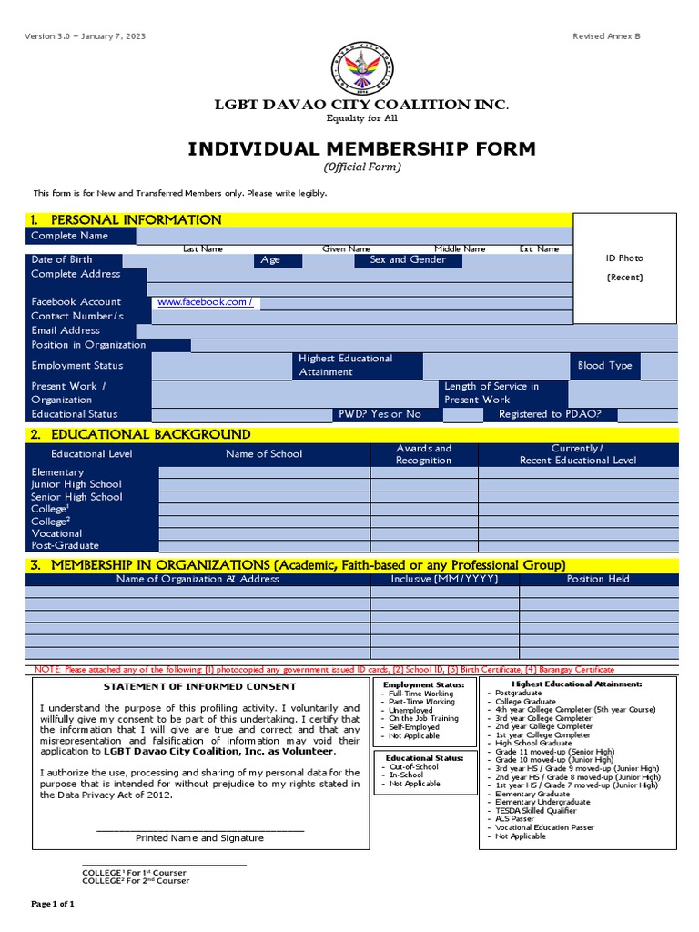 LGBT Membership Form for Davao City | PDF | Middle Schools | Vocational Education