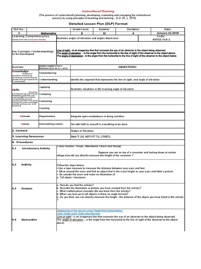 Detailed Lesson Plan (DLP) Format: Learning Competency/Ies: Code: M9Ge ...