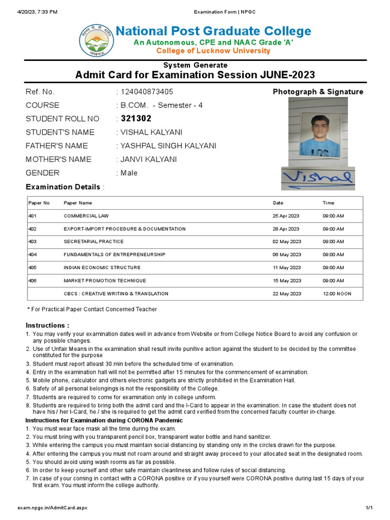National Post Graduate College: Admit Card For Examination Session JUNE ...