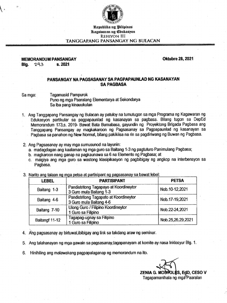 Memorandum Pansangay Blg. 243 S. 2021 | PDF