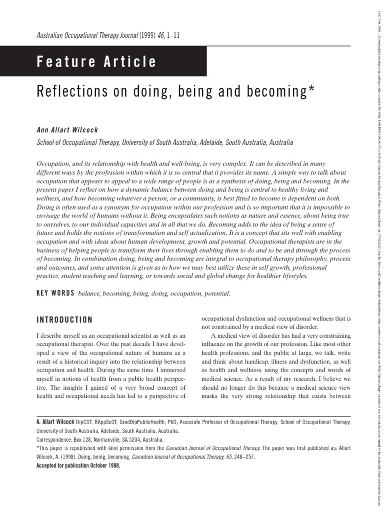 Aus Occup Therapy J - 2002 - Wilcock - Reflections On Doing Being and ...