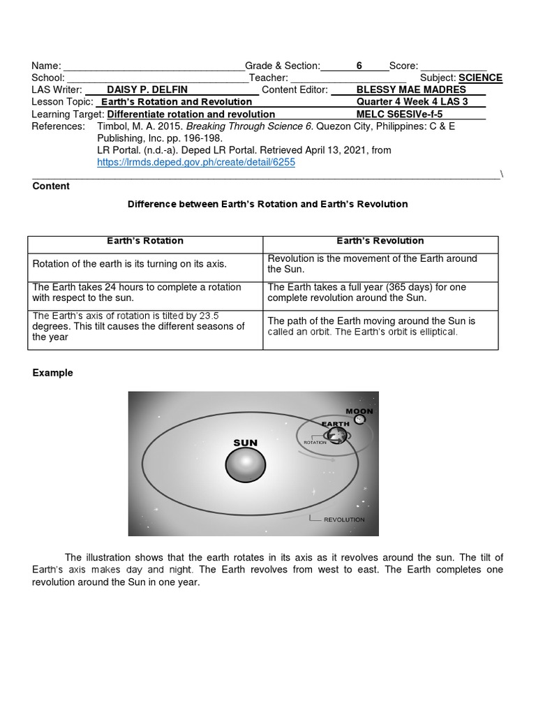 Science 6 Week 4 LAS3 | PDF | Rotation | Earth