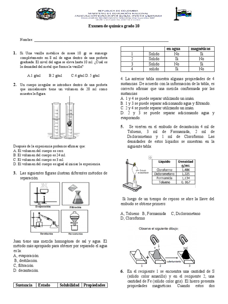 Examen de Química Grado 10 | PDF | Mezcla | Sustancias químicas