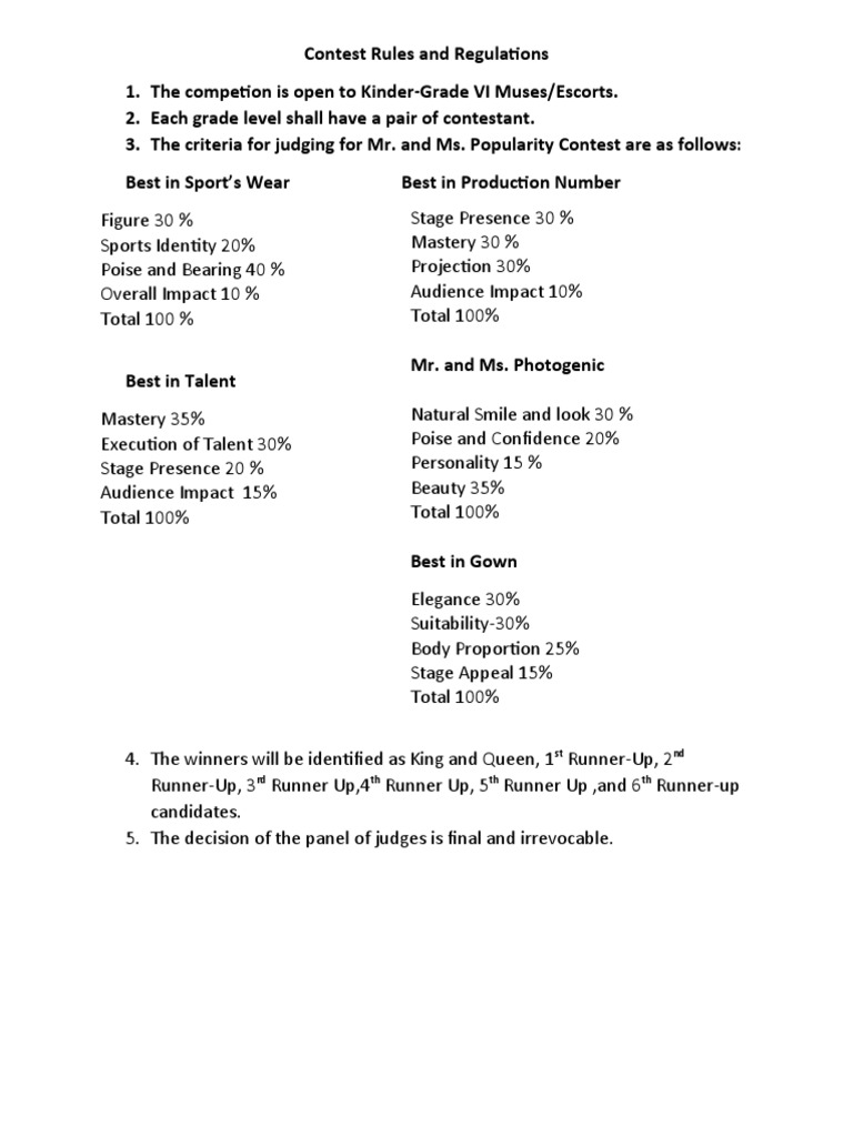 Judging Criteria for Mr. and Ms. Pageant | PDF