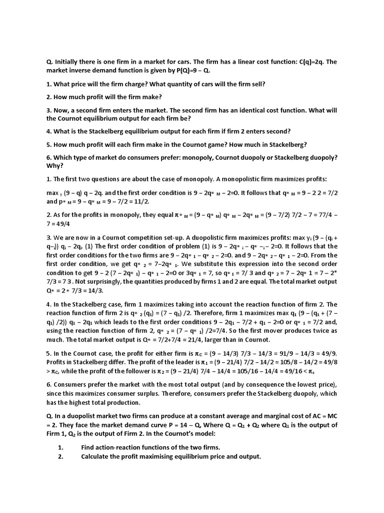 Oligopoly - Practice Questions With Solutions - Oligopoly | PDF ...
