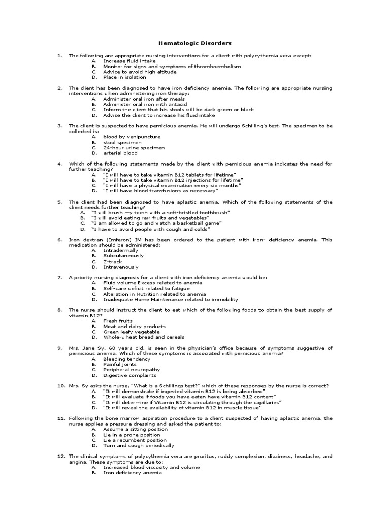 Nursing Interventions for Hematologic Disorders | PDF | Anemia ...