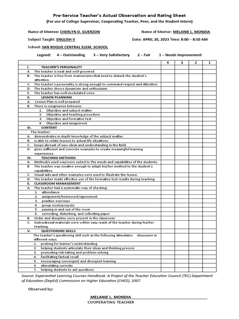 Teacher Observation Rating Sheet | PDF