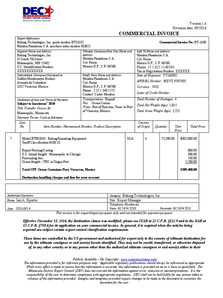 Commercial Invoice Sample 2016 | PDF