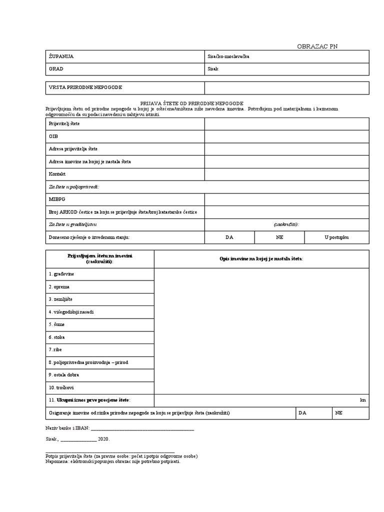 Obrazac PN Prijava Štete Od Prirodne Nepogodev2 | PDF