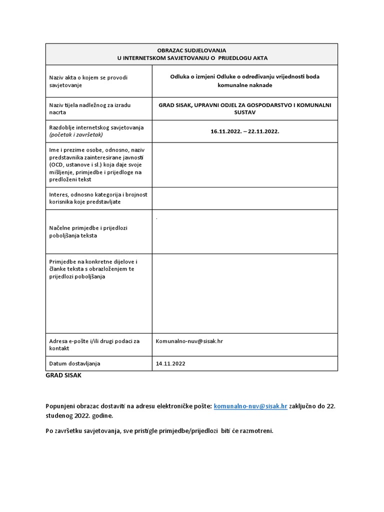 Obrazac Za Sudjelovanje U Savjetovanju Sa Zainteresiranom Javnošću | PDF