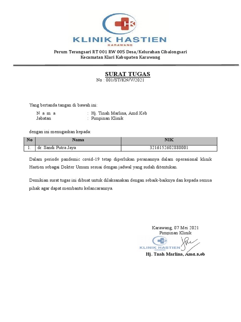 Surat Tugas Dokter Klinik Hastien | PDF