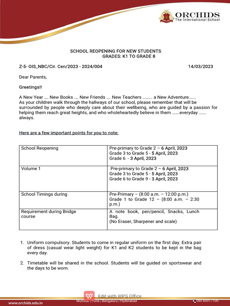 School Reopening Details for Parents | PDF