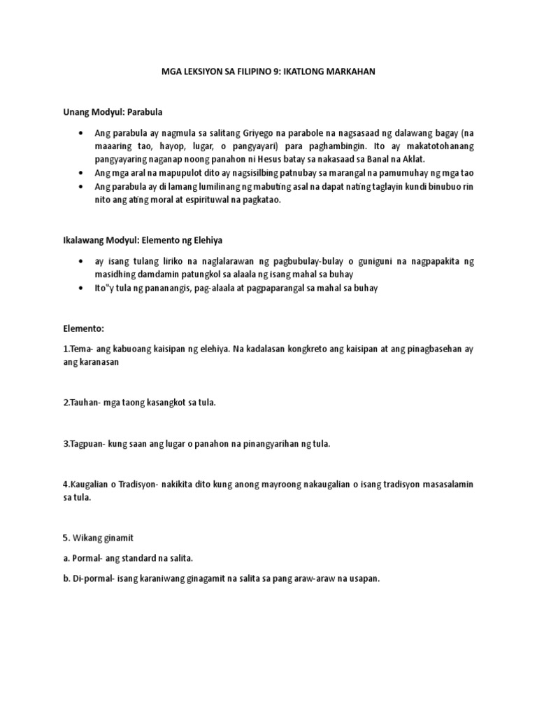 Mga Leksiyon Sa Filipino 9 | PDF