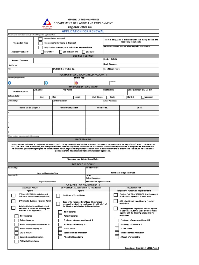 D.O. 221-A - Application Form (Renewal) | Download Free PDF ...