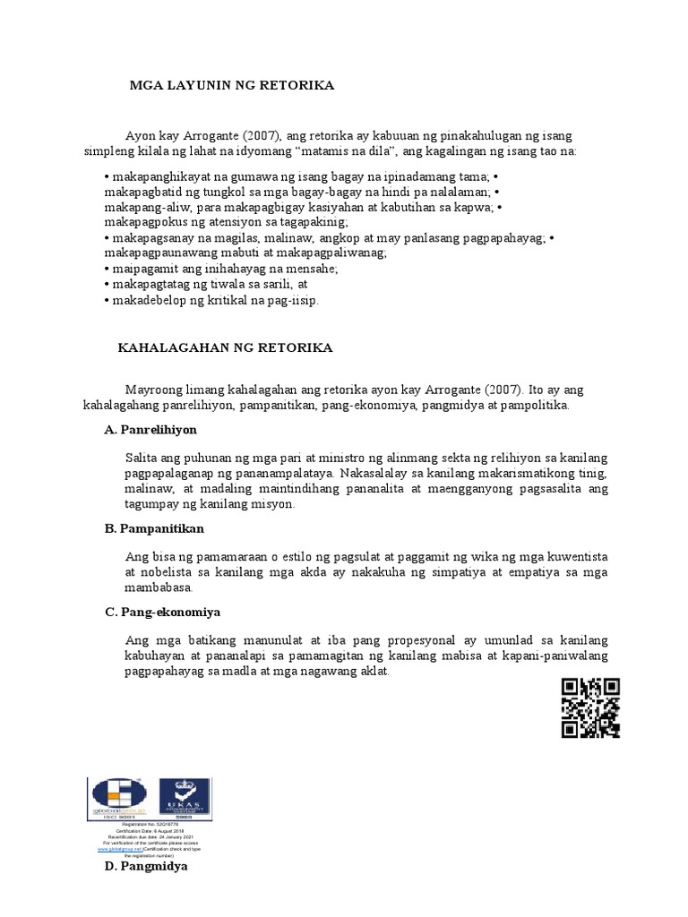 Layunin at Kahalagahan NG Retorika | PDF
