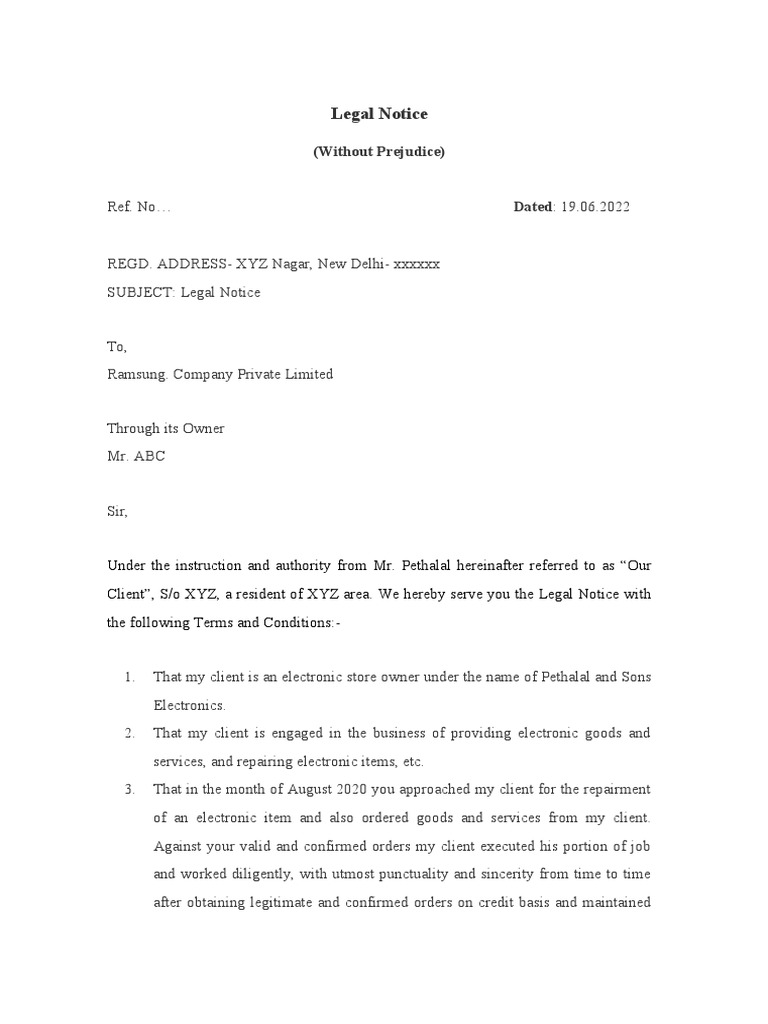 Notice to Settle Outstanding Payment for Goods and Services Provided or ...