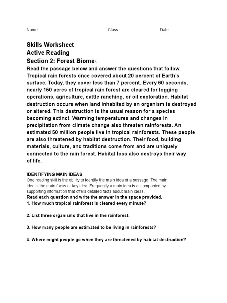Skills Worksheet Active Reading Section 2: Forest Biome | PDF