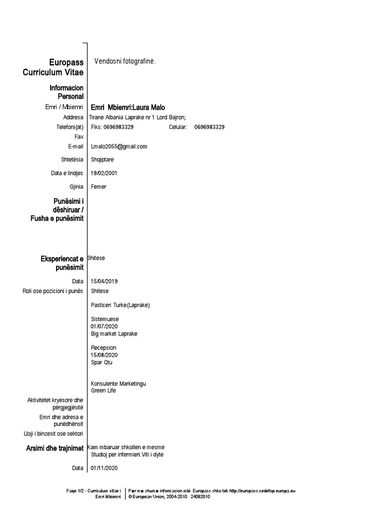 Europass Curriculum Vitae: Vendosni Fotografinë. Informacion Personal ...