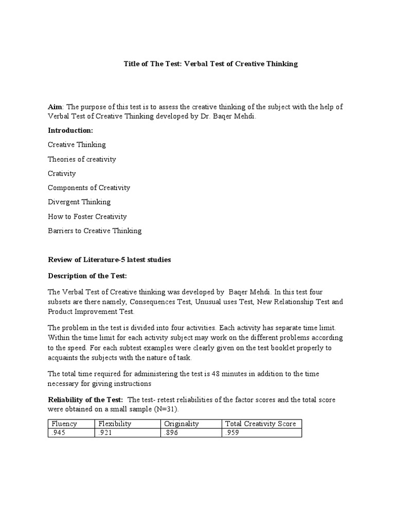 Verbal Test of Creative Thinking | PDF