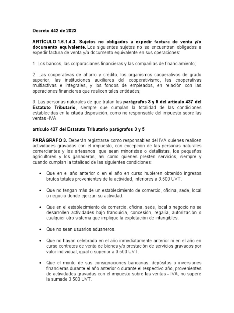 Decreto 442 de 2023. EXCENTOS DE FACTURACIÓN | PDF | Factura | Impuestos