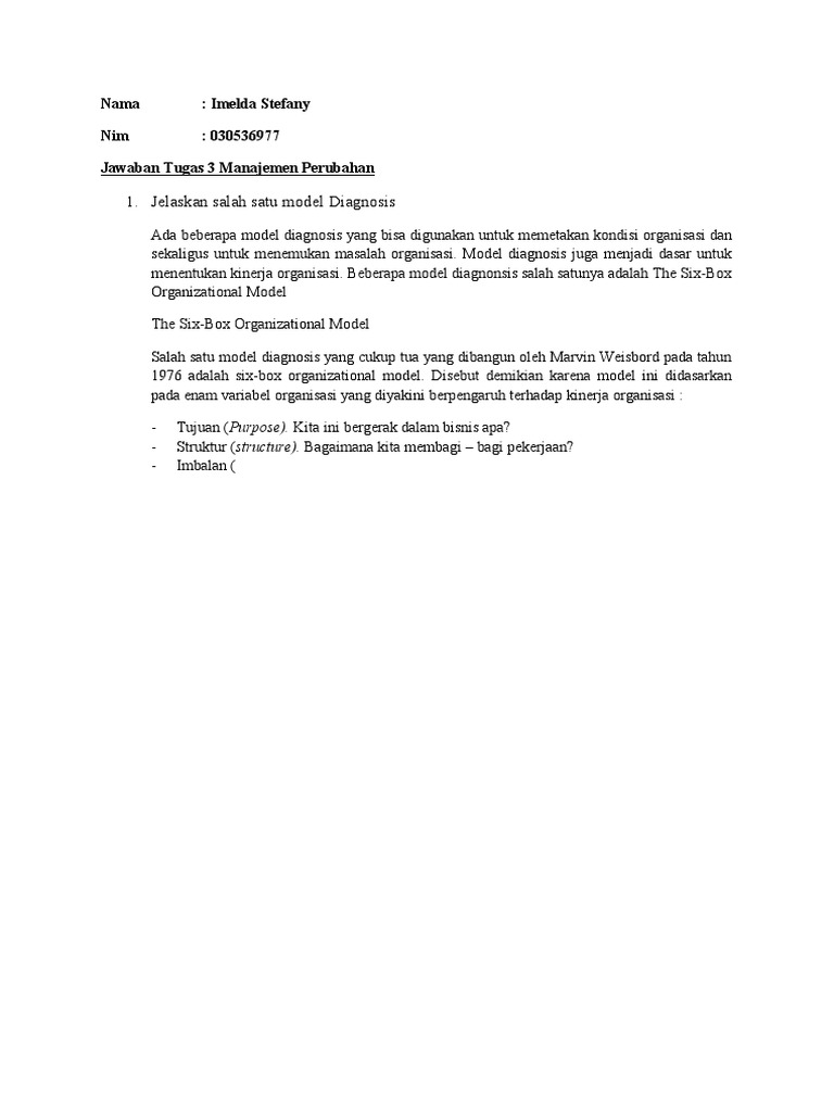 Jelaskan Salah Satu Model Diagnosis: Nama: Imelda Stefany Nim: 030536977 Jawaban Tugas 3 ...