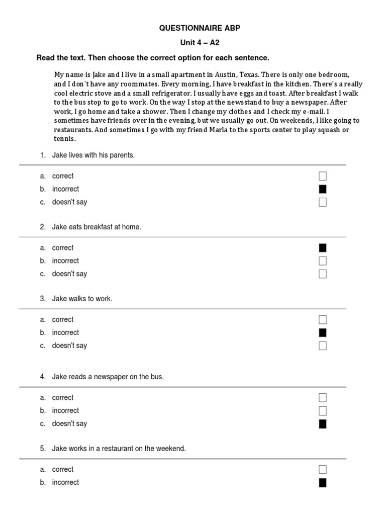 QUESTIONNAIRE-ABP-A2 - Unit 4 | PDF | Grammar | Linguistics