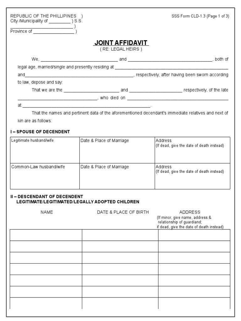 CLD 1.3 - Joint Affidavit Re Legal Heirs | PDF | Marriage, Unions And Partnerships | Marriage
