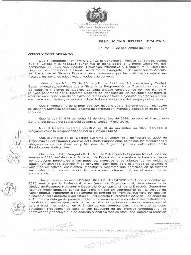 RM 741-2015 Reglamento Interno de Premios | PDF | Regulación | Ministerio (Departamento de Gobierno)