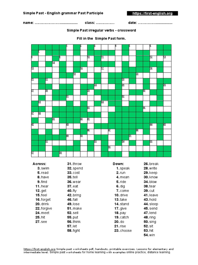 Simple Past 94 Crossword Verbs Worksheet | PDF