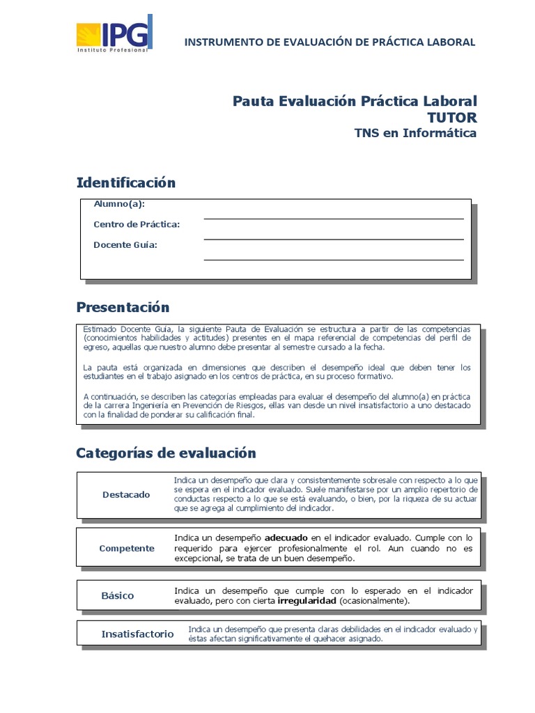 04 Pauta de Evaluación de Práctica Laboral - Tutor | PDF | Evaluación | Cognición