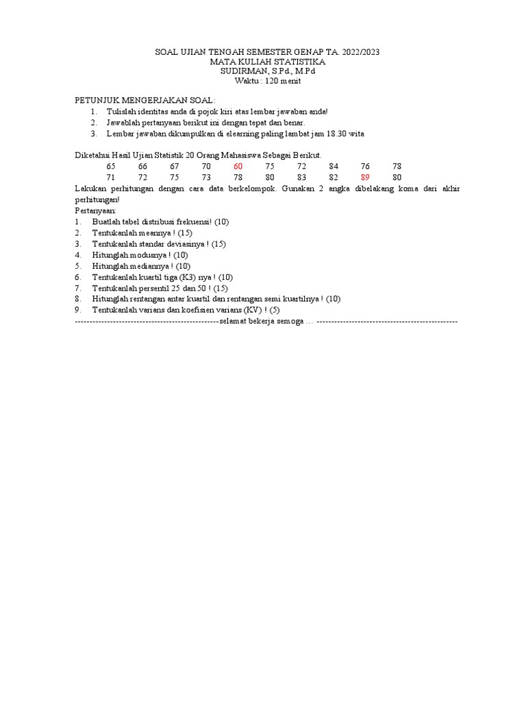 Soal Ujian Statistika 2023 Perbaikan | PDF
