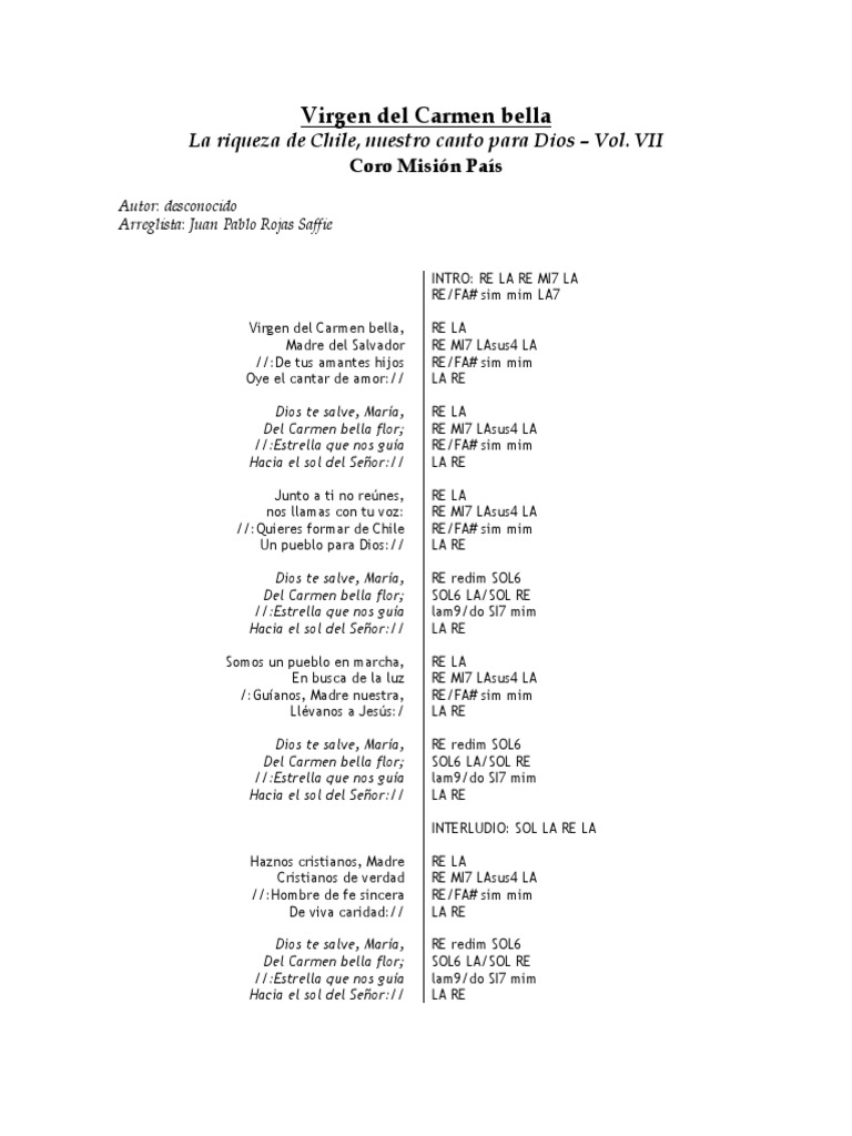 00 Letra y Acordes - Virgen Del Carmen Bella - Coro Misión País | PDF