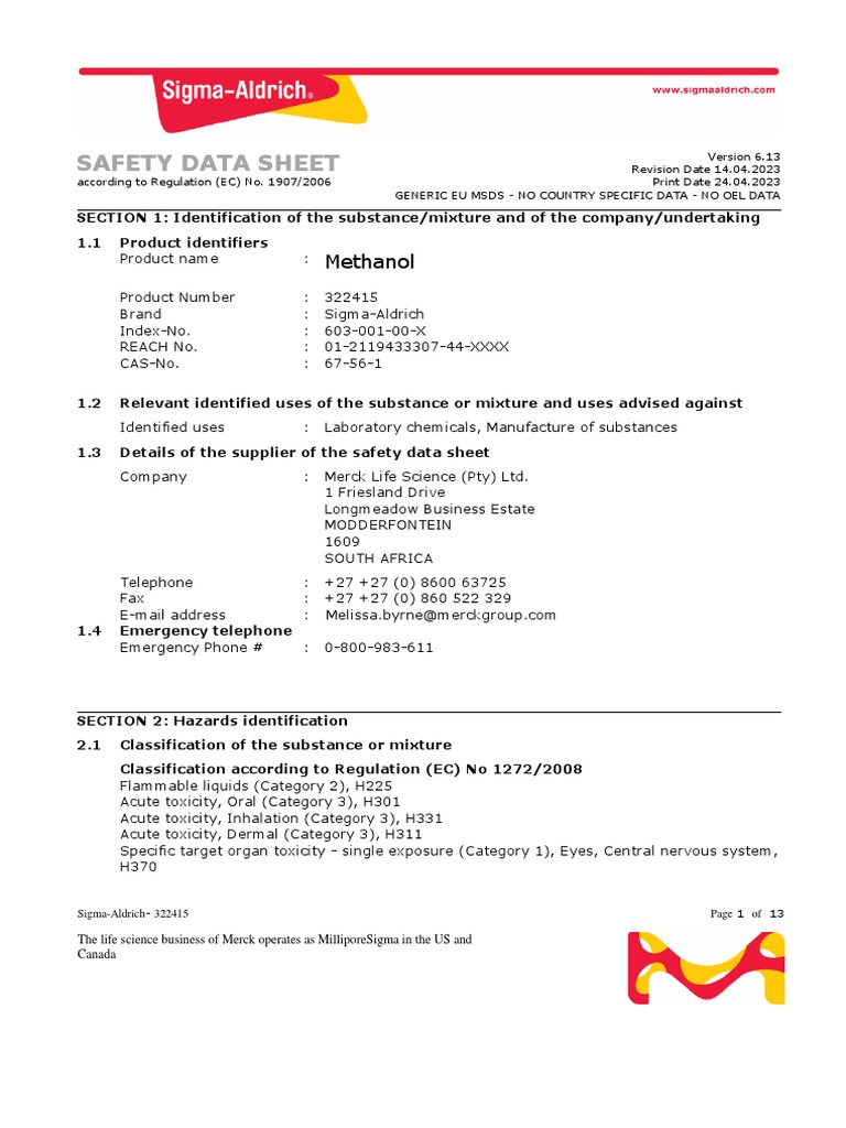 Methanol Sds | PDF