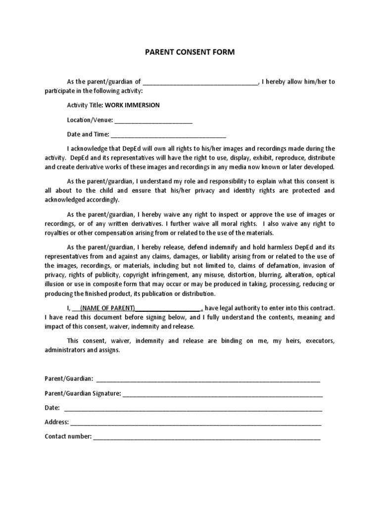 PARENT CONSENT FORM Sample | Download Free PDF | Indemnity ...
