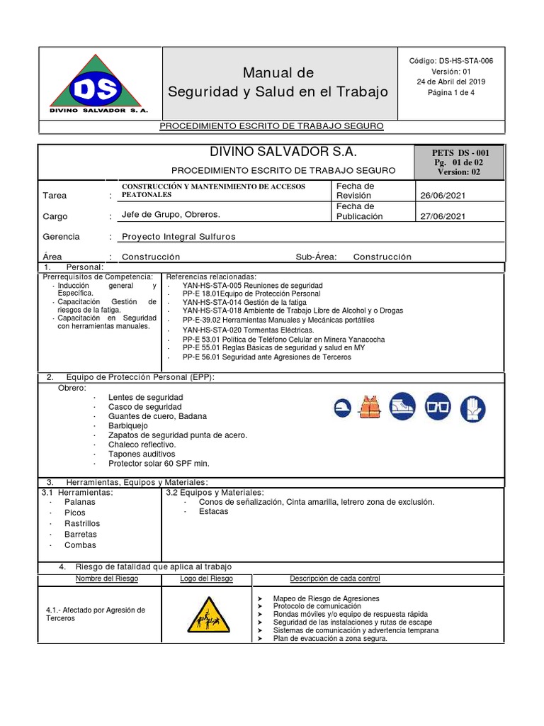 PETS-DS-001 CONSTRUCCIÓN Y MANTENIMIENTO DE ACCESOS PEATONALES Ver 03 | PDF