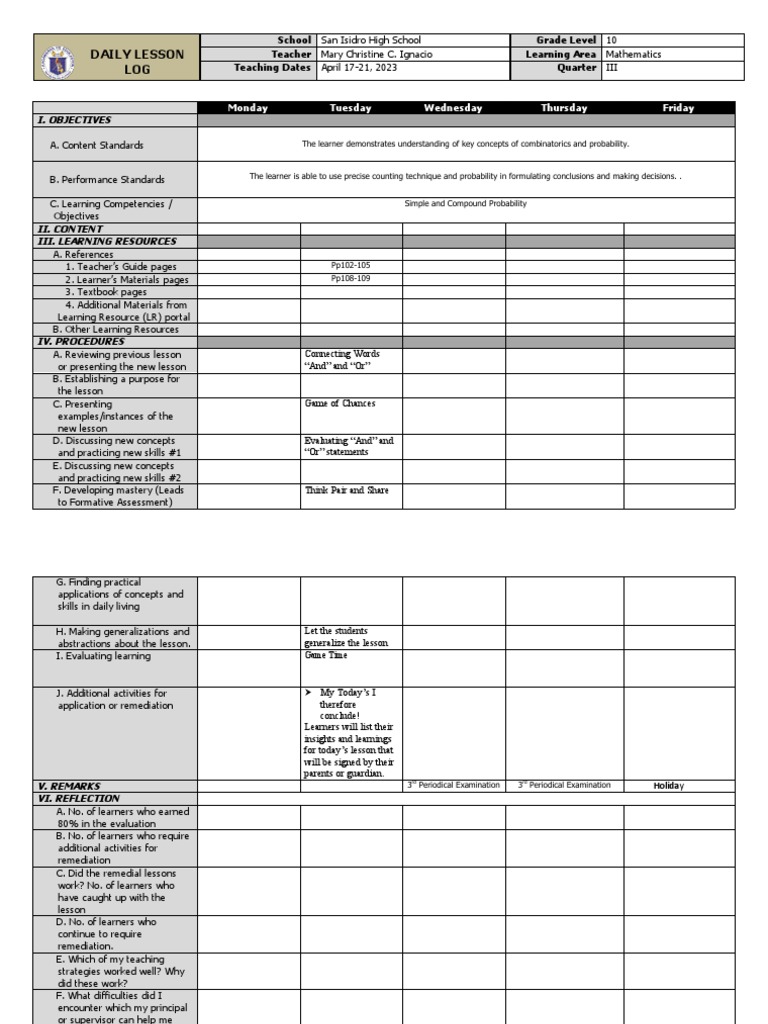 Math 10 Quarter 3 Daily Lesson Plan | PDF | Learning | Teachers