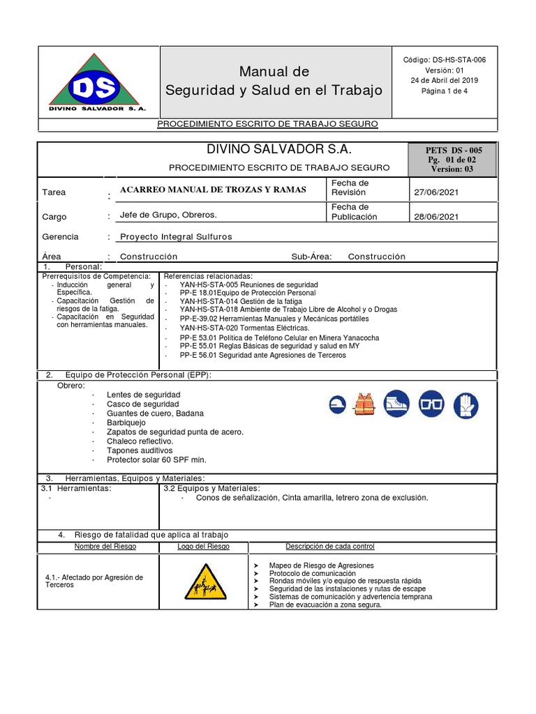 PETS-DS-005 ACARREO MANUAL DE TROZAS Y RAMAS Ver 03 | PDF ...
