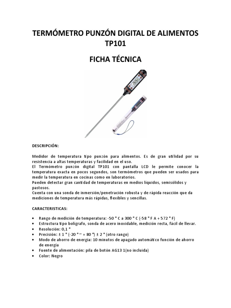Ficha Técnica Termómetro Punzón TP101 | PDF | Cocina, comidas y vino ...