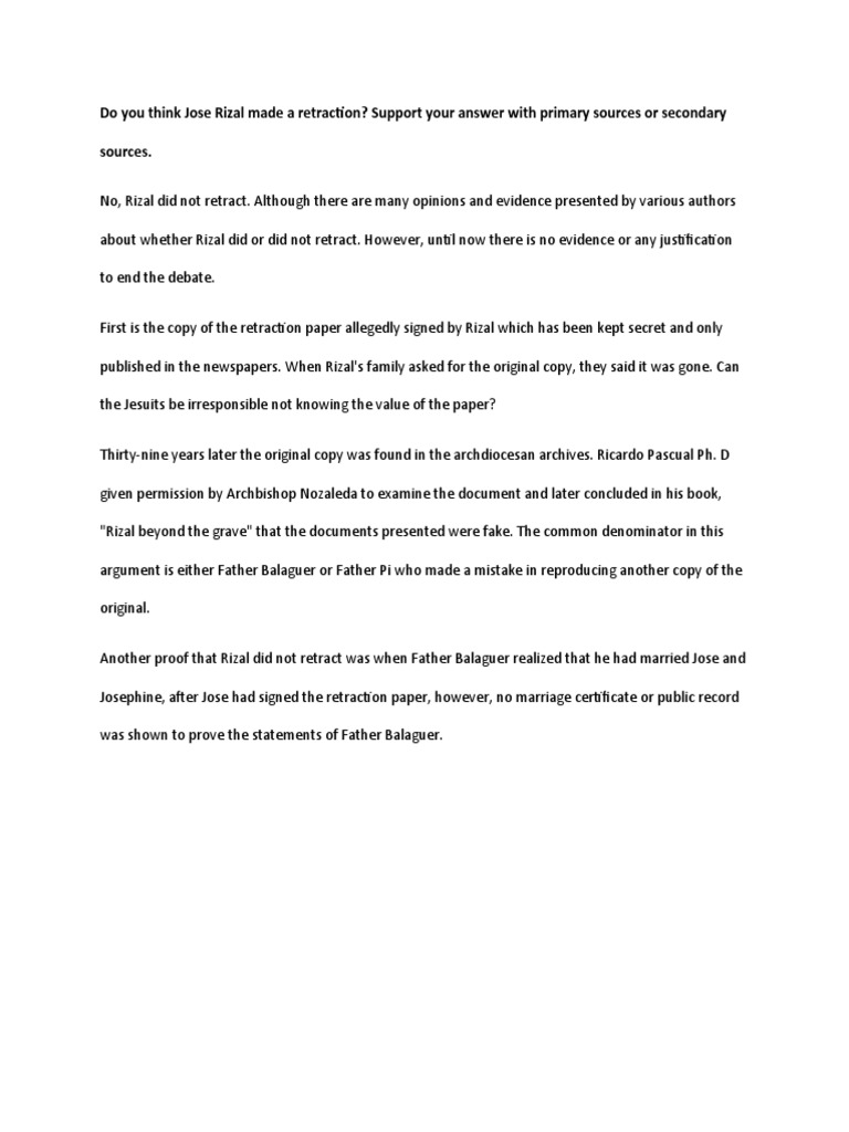 Activity RPH Jose Rizals Retraction | PDF | History | Religion ...