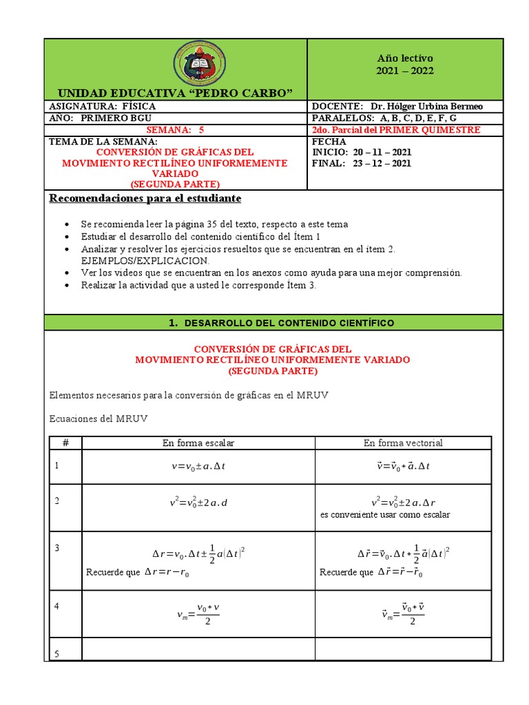 Unidad Educativa "Pedro Carbo" | PDF | Ecuaciones | Fenomeno fisico