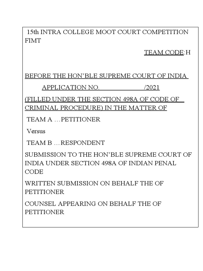 Memorial of 15TH Intra Moot Court Competition Fimt | PDF