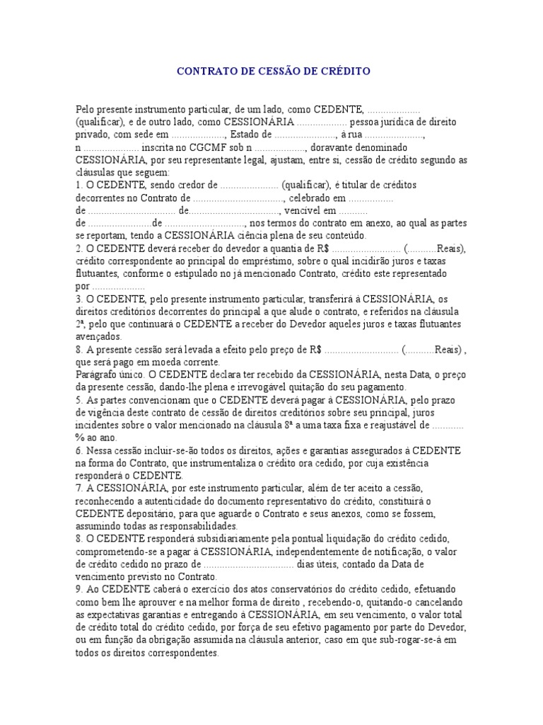 Contrato De Cessão De Crédito Pdf Crédito Finanças E