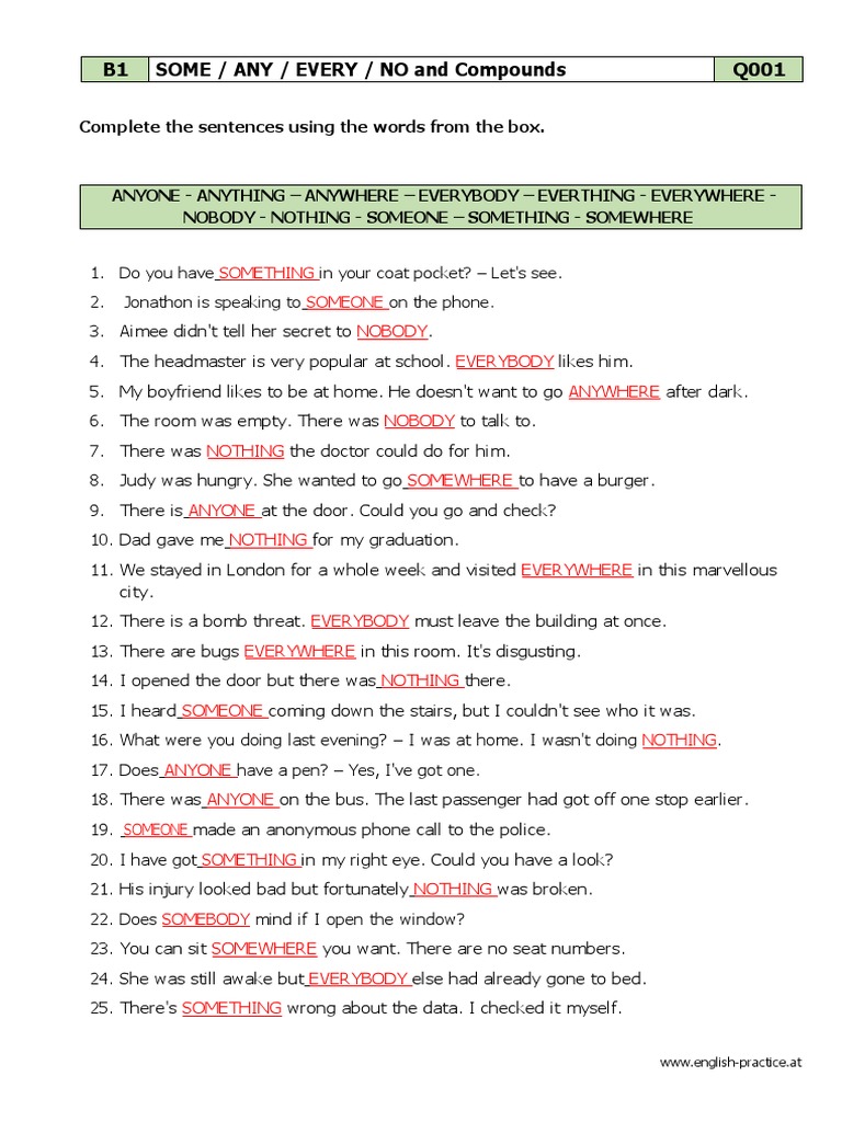 SOME, EVERY, ANY, NO With Compounds - PDF Grammar Worksheet - Q001 | PDF