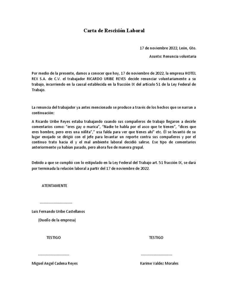 Carta de Rescisión Laboral | PDF