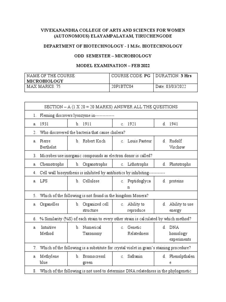 Microbiology Model QP PG 2021-22 | PDF | Bacteria | Microorganism